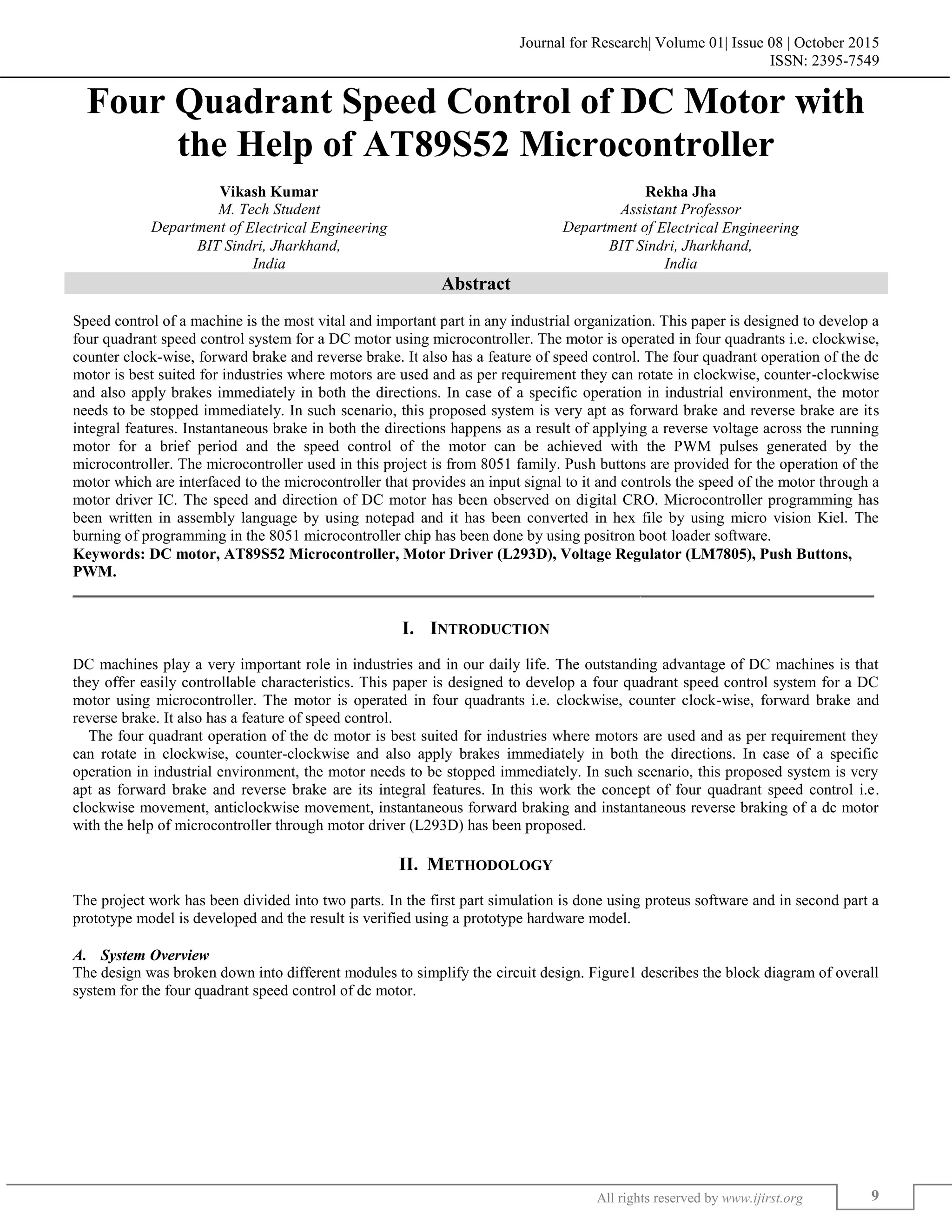 FOUR QUADRANT SPEED CONTROL OF DC MOTOR USING AT89S52 MICROCONTROLLER | PDF