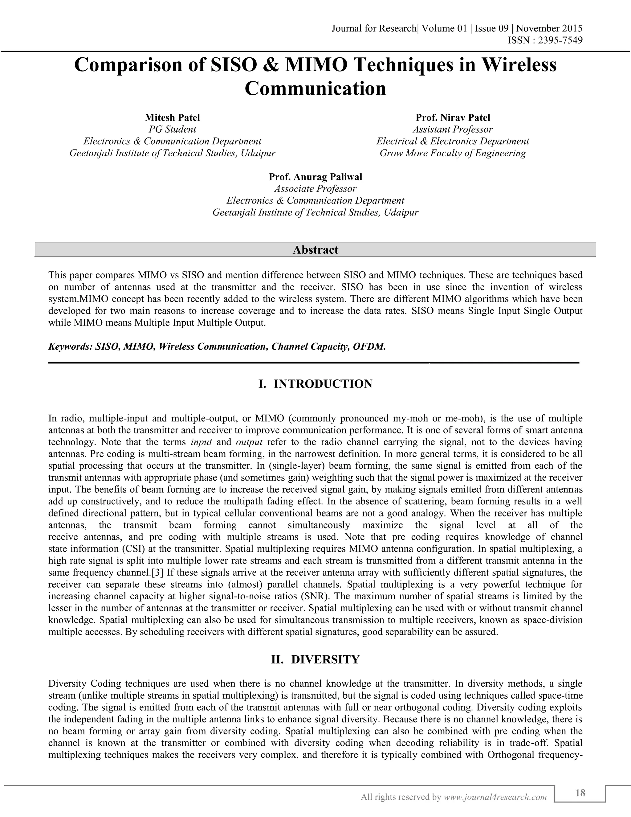 COMPARISON OF SISO & MIMO TECHNIQUES IN WIRELESS COMMUNICATION | PDF