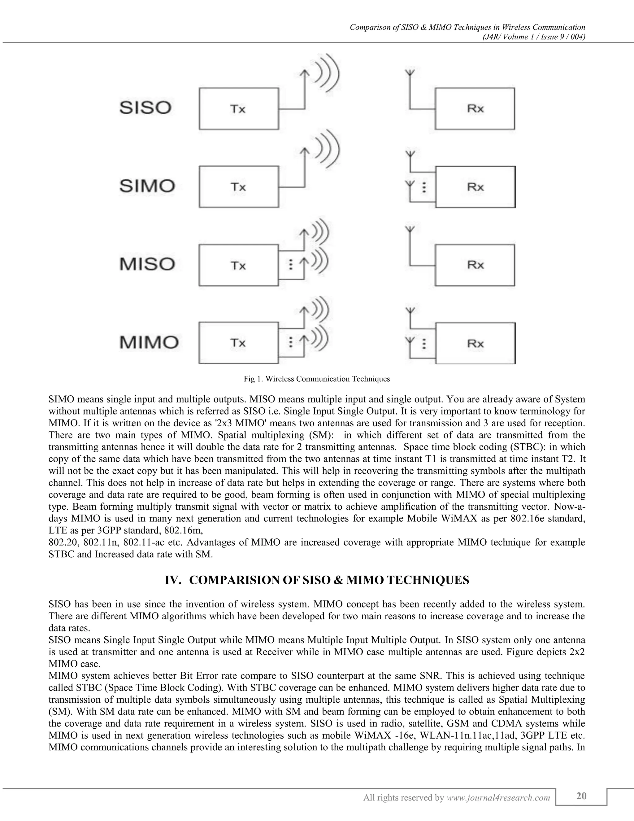COMPARISON OF SISO & MIMO TECHNIQUES IN WIRELESS COMMUNICATION | PDF
