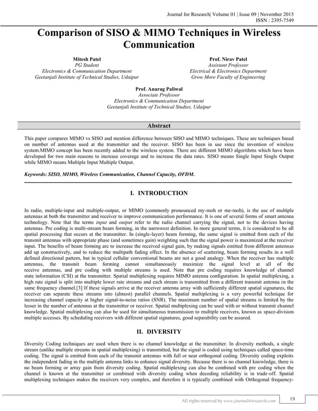 COMPARISON OF SISO & MIMO TECHNIQUES IN WIRELESS COMMUNICATION | PDF ...