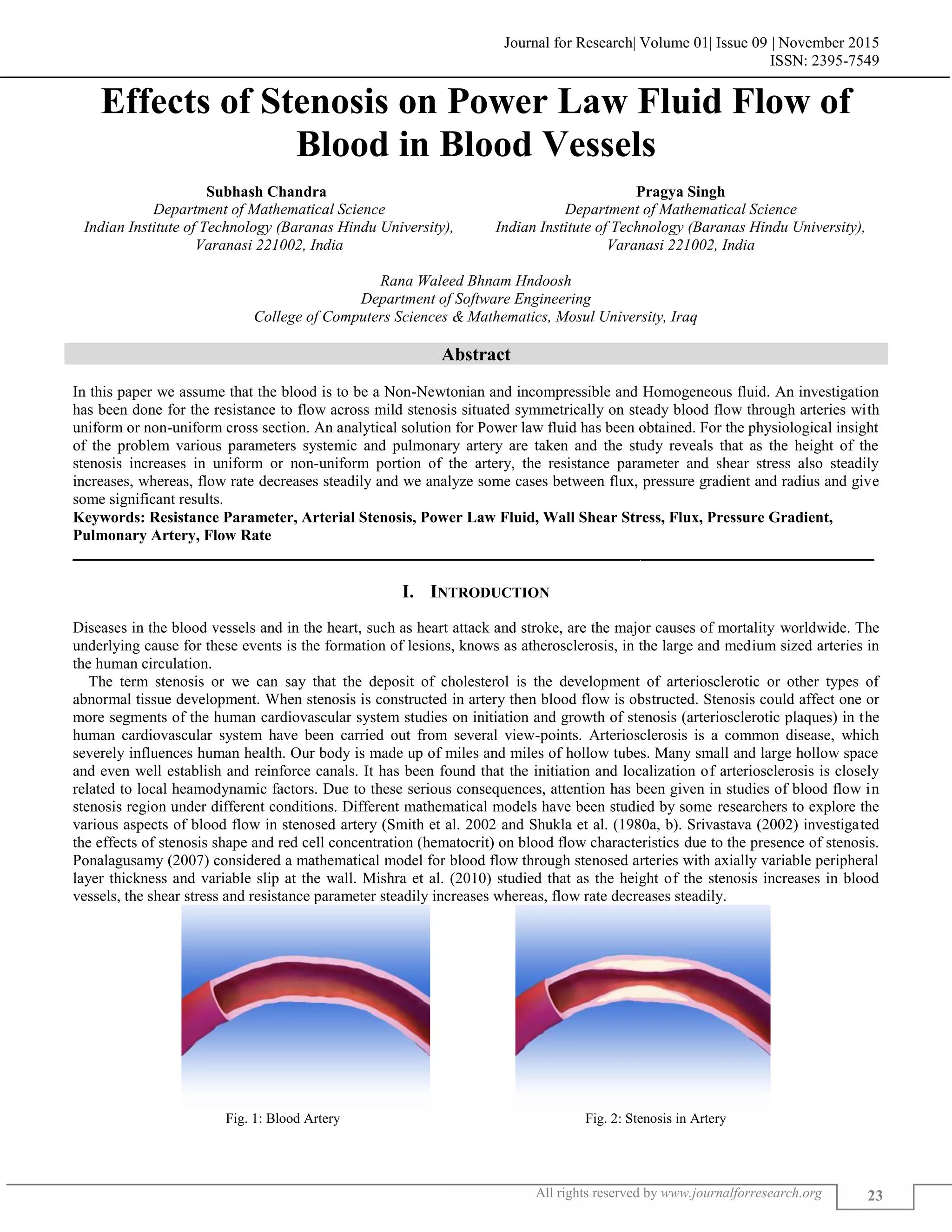 EFFECTS OF STENOSIS ON POWER LAW FLUID FLOW OF BLOOD IN BLOOD VESSELS | PDF