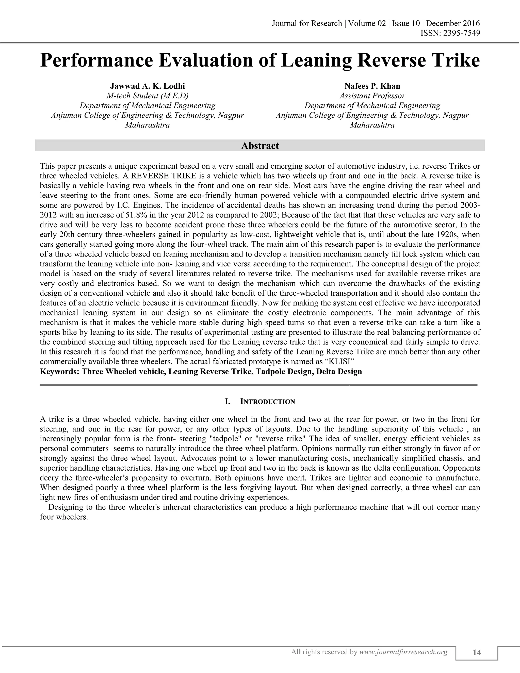 PERFORMANCE EVALUATION OF LEANING REVERSE TRIKE | PDF