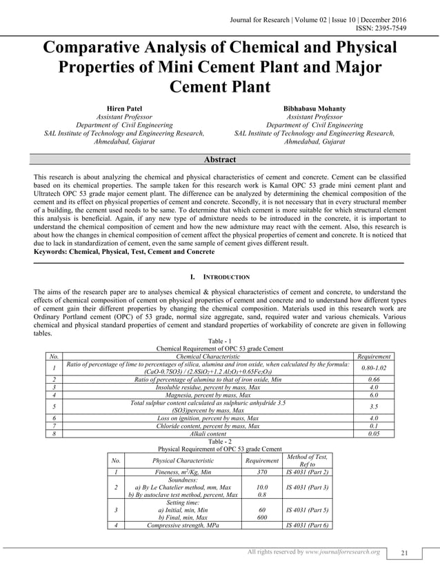 COMPARATIVE ANALYSIS OF CHEMICAL AND PHYSICAL PROPERTIES OF MINI CEMENT ...