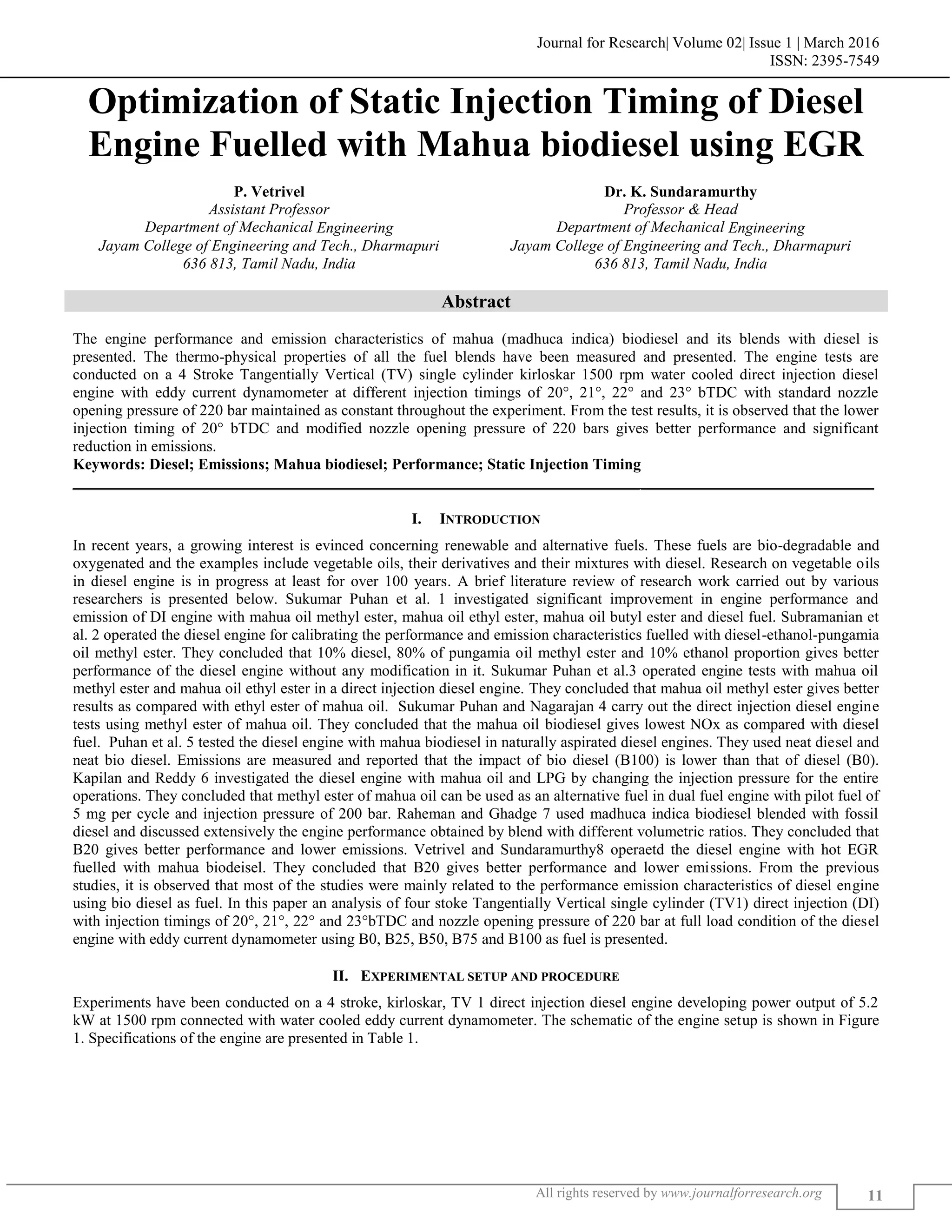 OPTIMIZATION OF STATIC INJECTION TIMING OF DIESEL ENGINE FUELLED WITH MAHUA BIODIESEL USING EGR ...
