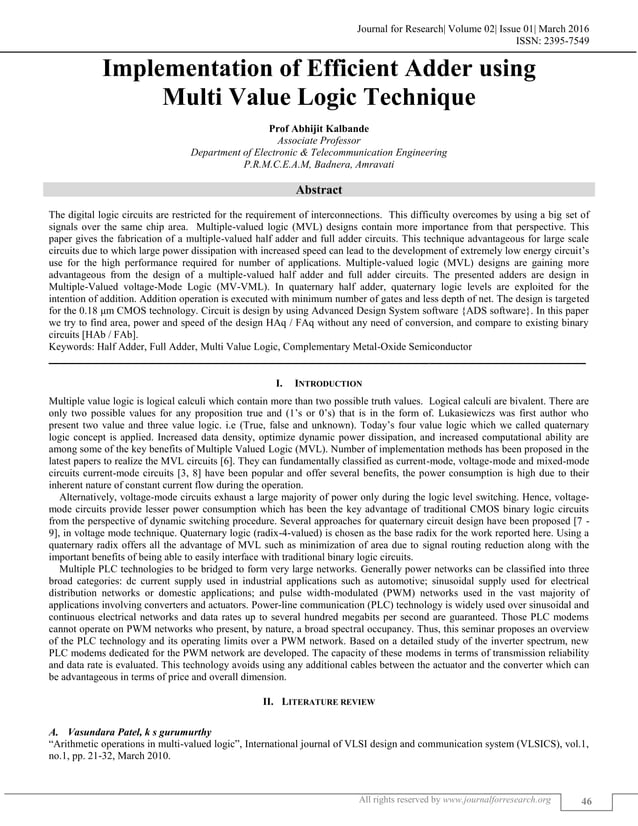 IMPLEMENTATION OF EFFICIENT ADDER USING MULTI VALUE LOGIC TECHNIQUE | PDF