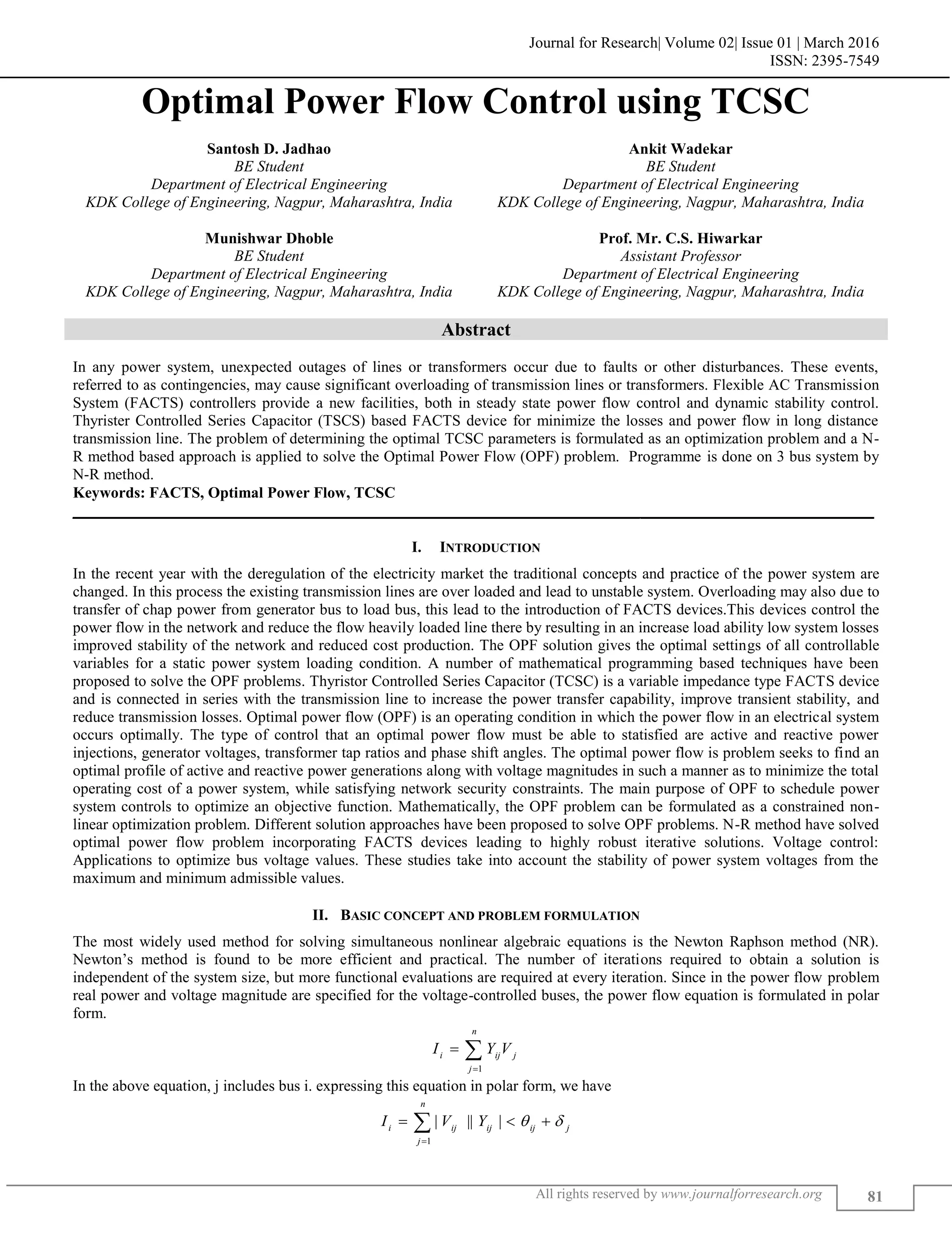 OPTIMAL POWER FLOW CONTROL USING TCSC | PDF