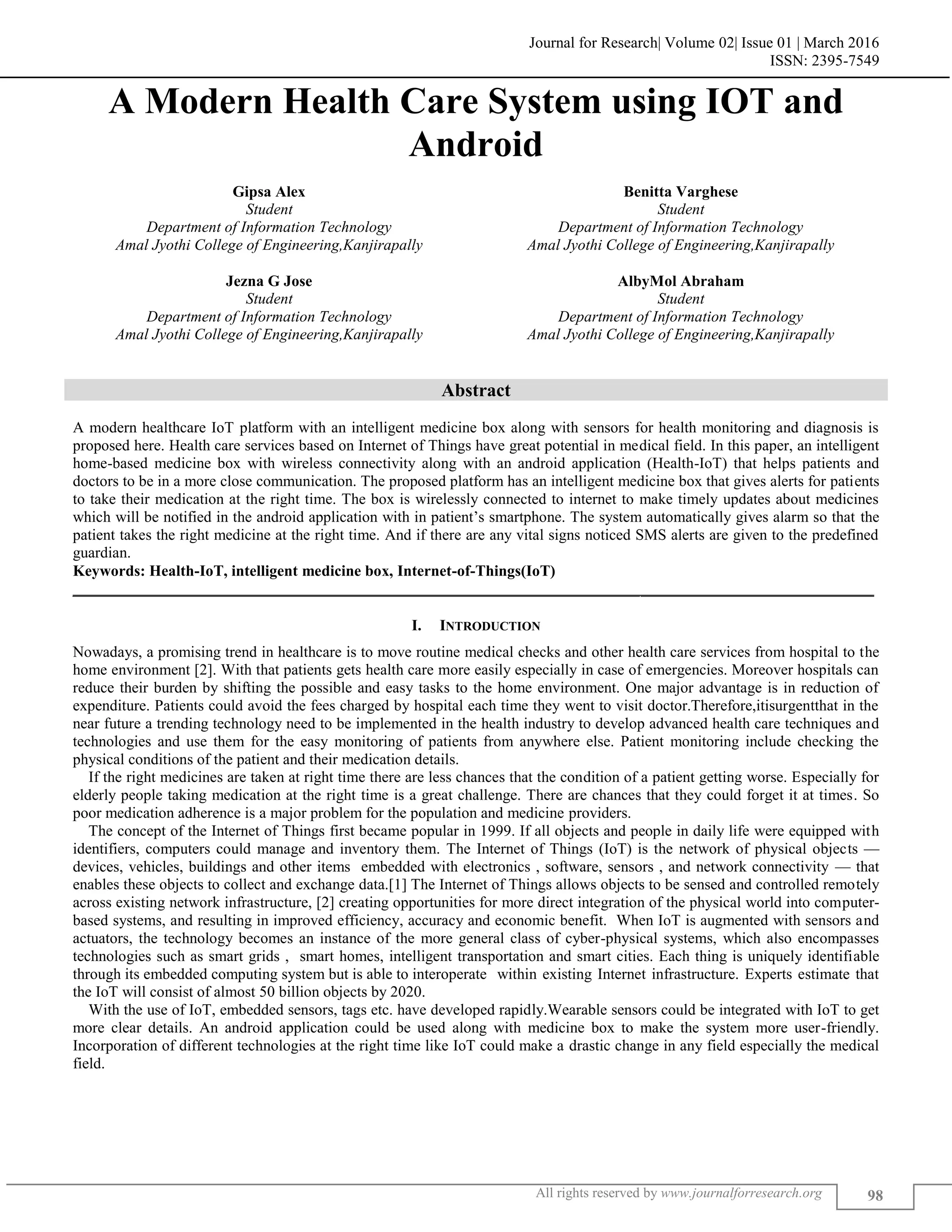 A MODERN HEALTH CARE SYSTEM USING IOT AND ANDROID | PDF