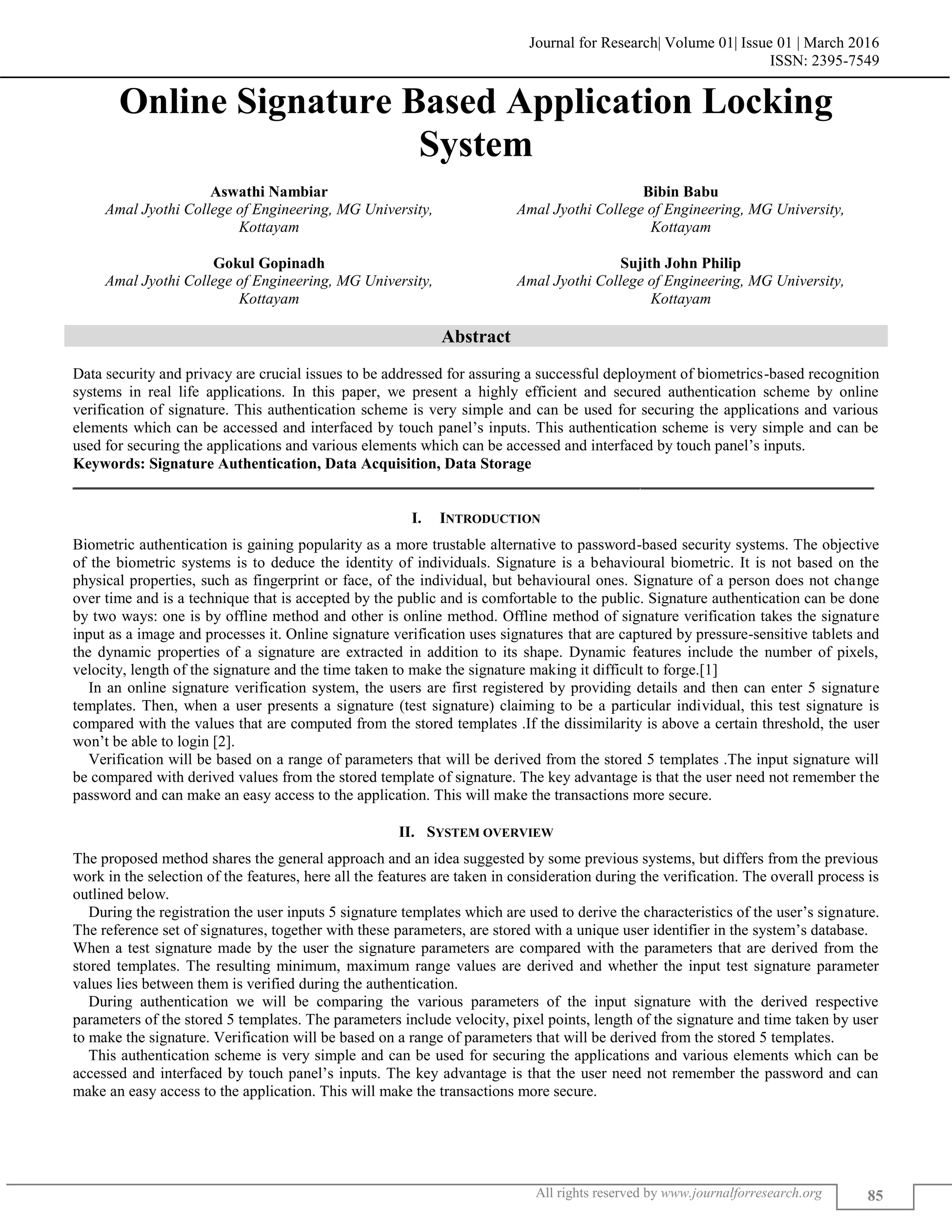 ONLINE SIGNATURE BASED APPLICATION LOCKING SYSTEM | PDF