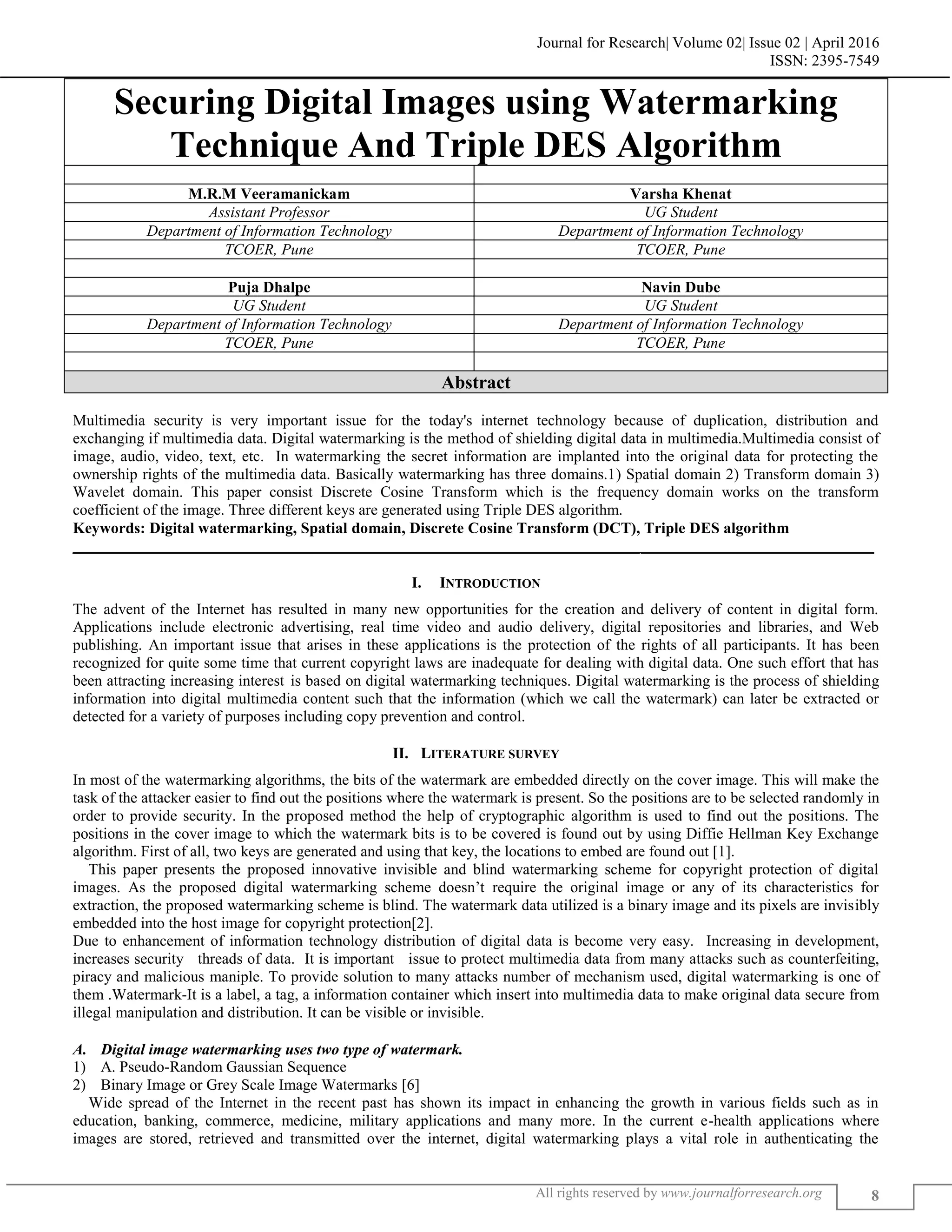SECURING DIGITAL IMAGES USING WATERMARKING TECHNIQUE AND TRIPLE DES ALGORITHM | PDF