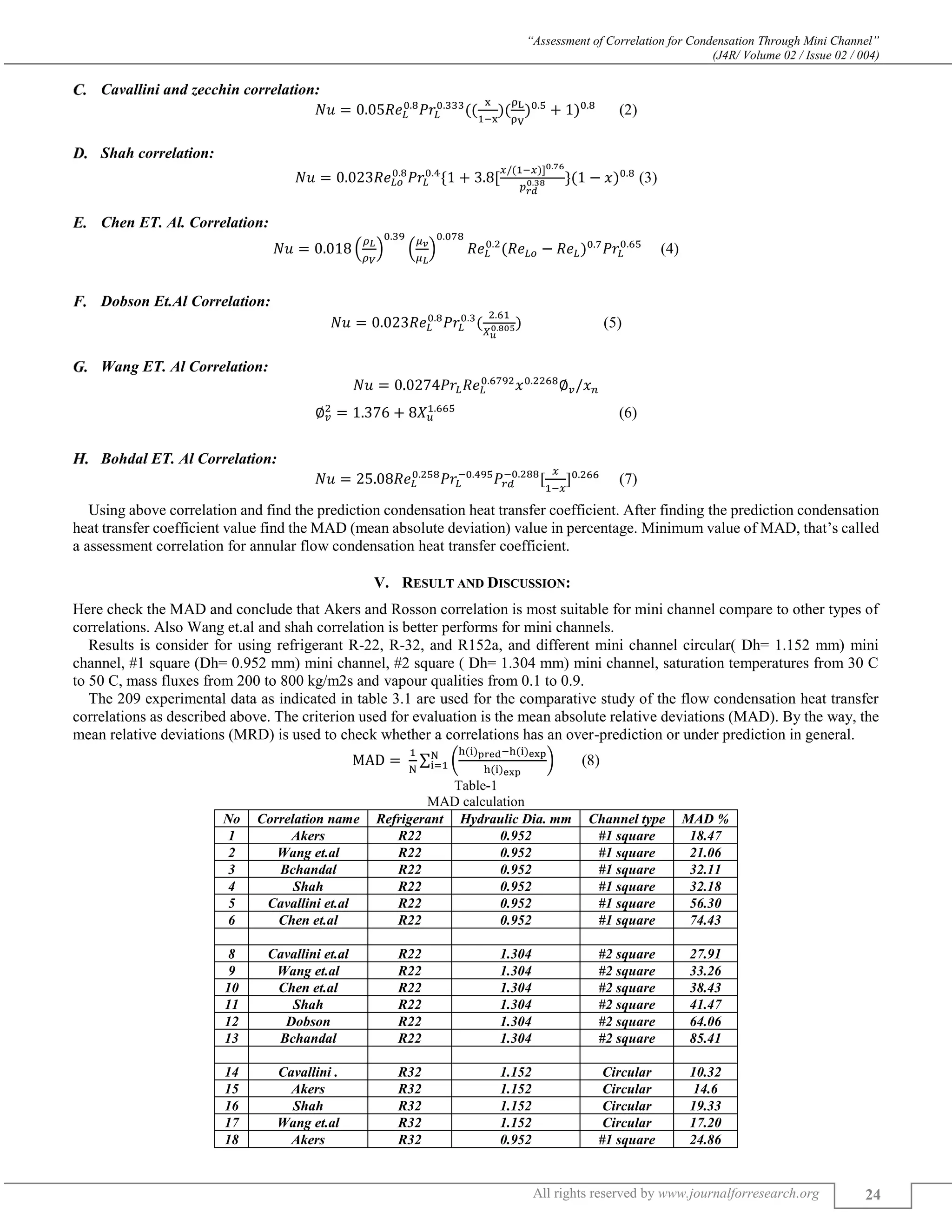 ASSESSMENT OF CORRELATION FOR CONDENSATION HEAT TRANSFER THROUGH MINI CHANNEL | PDF