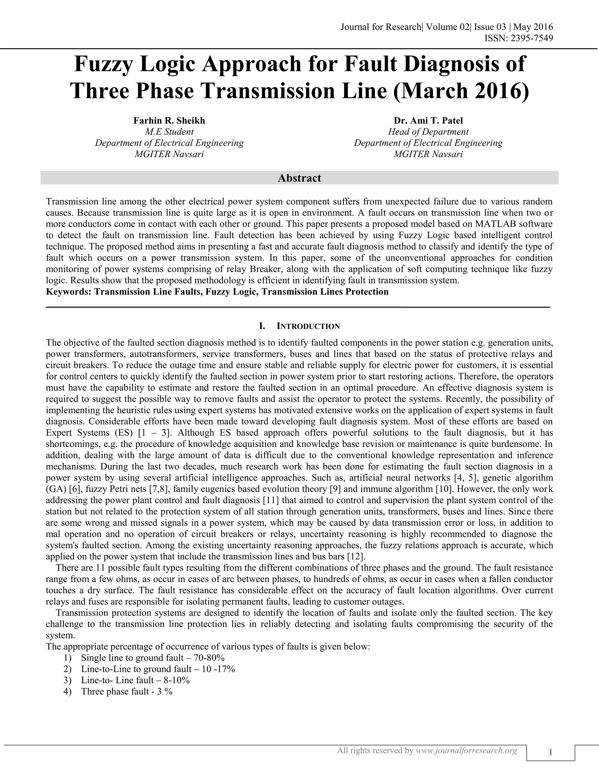 FUZZY LOGIC APPROACH FOR FAULT DIAGNOSIS OF THREE PHASE TRANSMISSION LINE | PDF