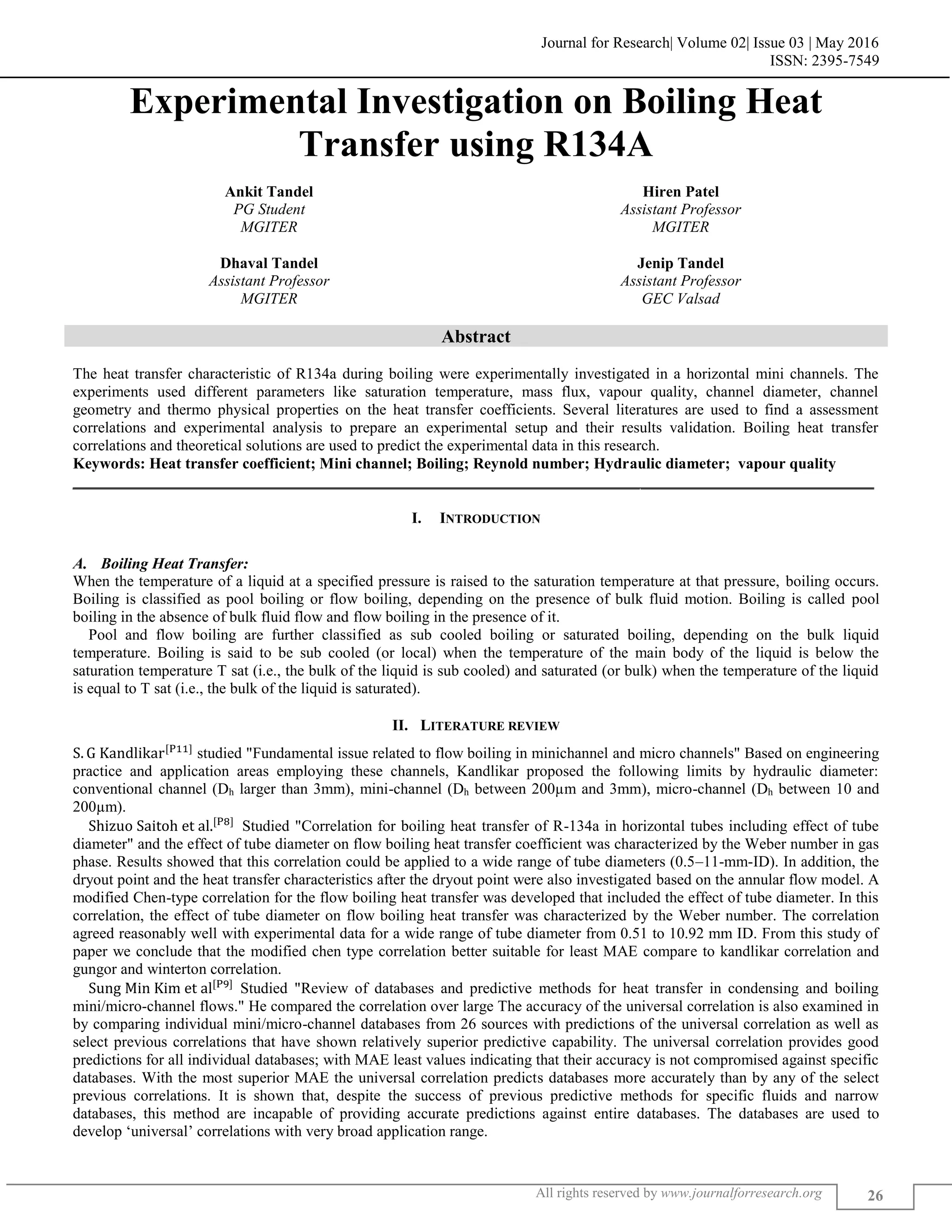 EXPERIMENTAL INVESTIGATION ON BOILING HEAT TRANSFER USING R134A | PDF