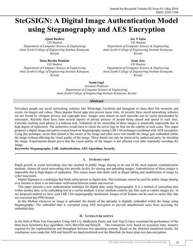 STEGSIGN: A DIGITAL IMAGE AUTHENTICATION MODEL USING STEGANOGRAPHY AND AES ENCRYPTION | PDF