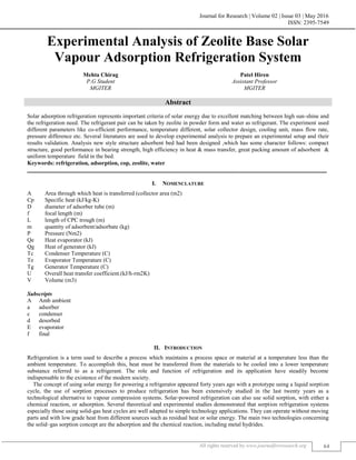 EXPERIMENTAL ANALYSIS OF ZEOLITE BASE SOLAR VAPOUR ADSORPTION REFRIGERATION SYSTEM | PDF
