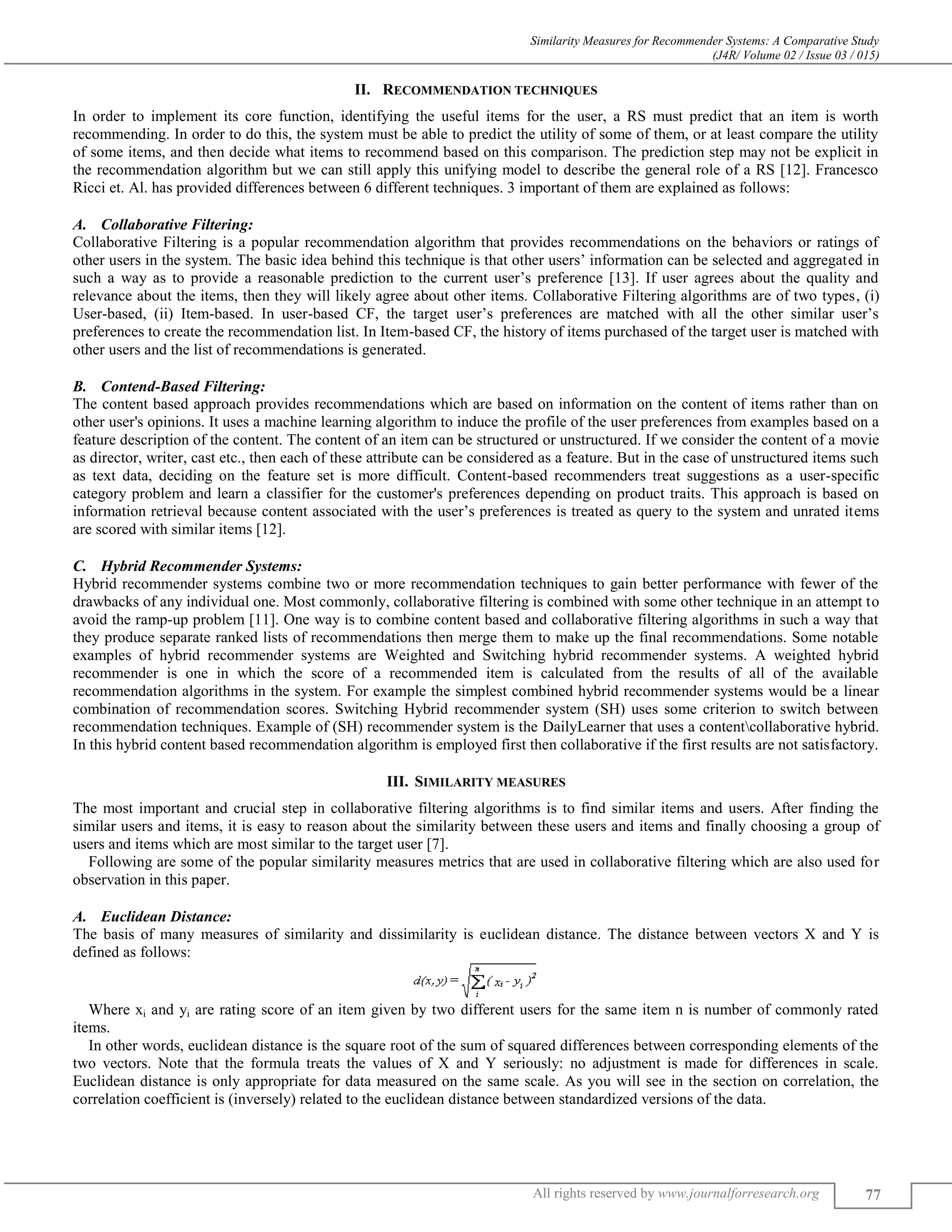 SIMILARITY MEASURES FOR RECOMMENDER SYSTEMS: A COMPARATIVE STUDY | PDF