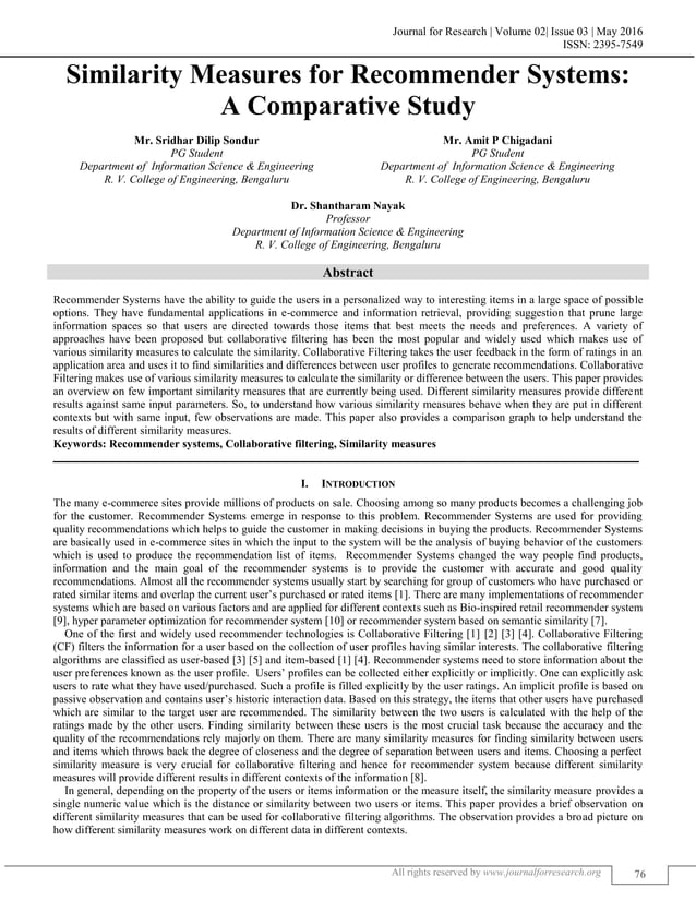 SIMILARITY MEASURES FOR RECOMMENDER SYSTEMS: A COMPARATIVE STUDY | PDF