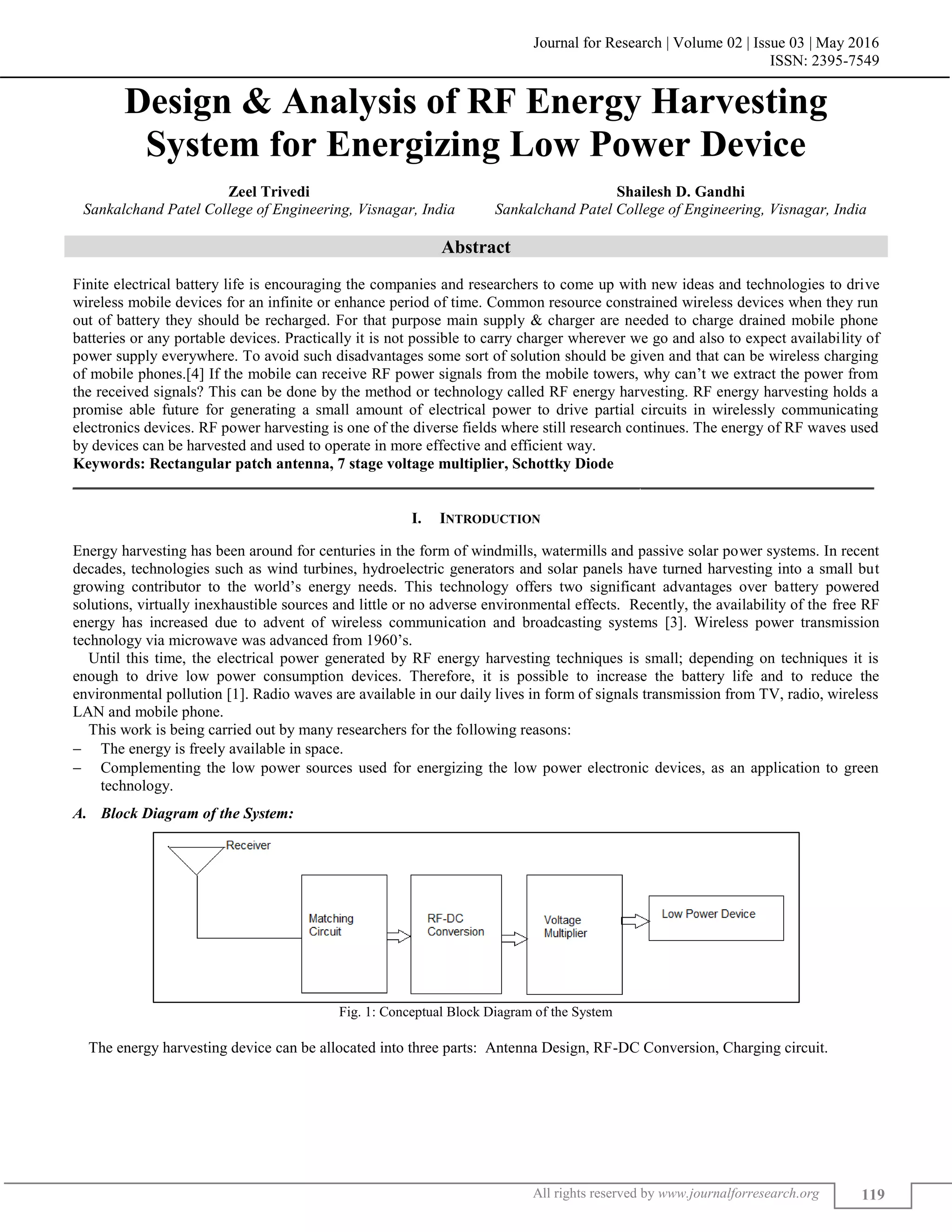 DESIGN & ANALYSIS OF RF ENERGY HARVESTING SYSTEM FOR CHARGING LOW POWER ...