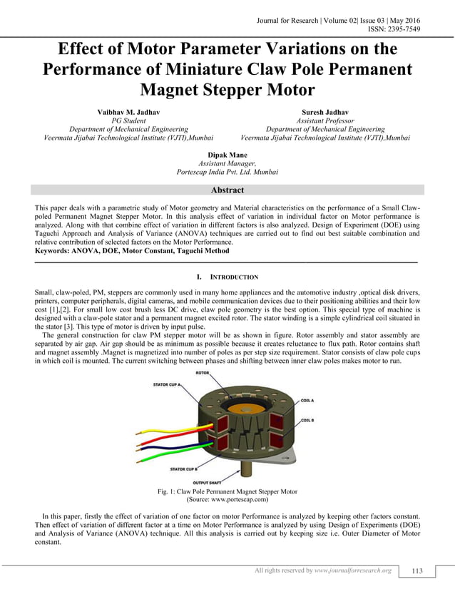 Effect Of Motor Parameter Variations On The Performance Of Miniature Claw Pole Permanent Magnet