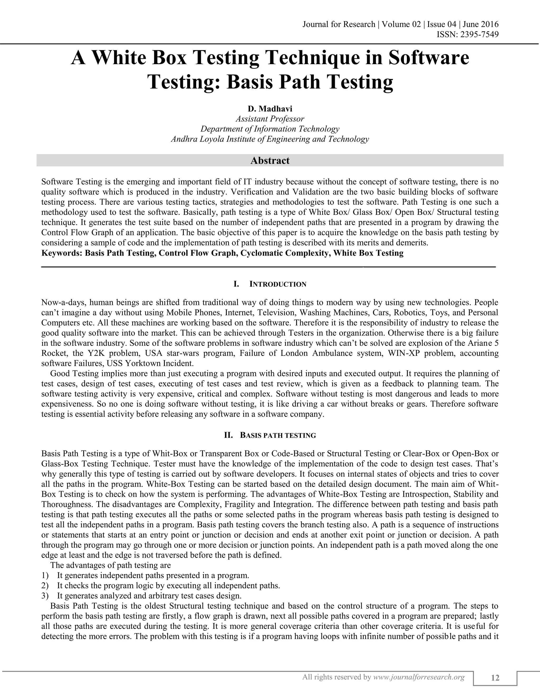 A White Box Testing Technique In Software Testing Basis Path Testing Pdf