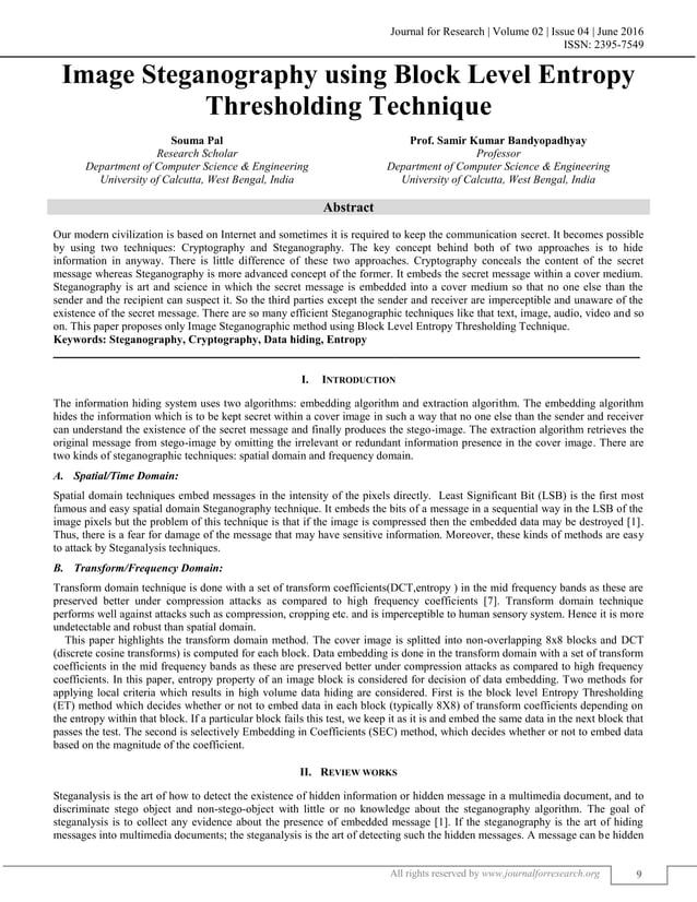 IMAGE STEGANOGRAPHY USING BLOCK LEVEL ENTROPY THRESHOLDING TECHNIQUE | PDF | Internet | Computing