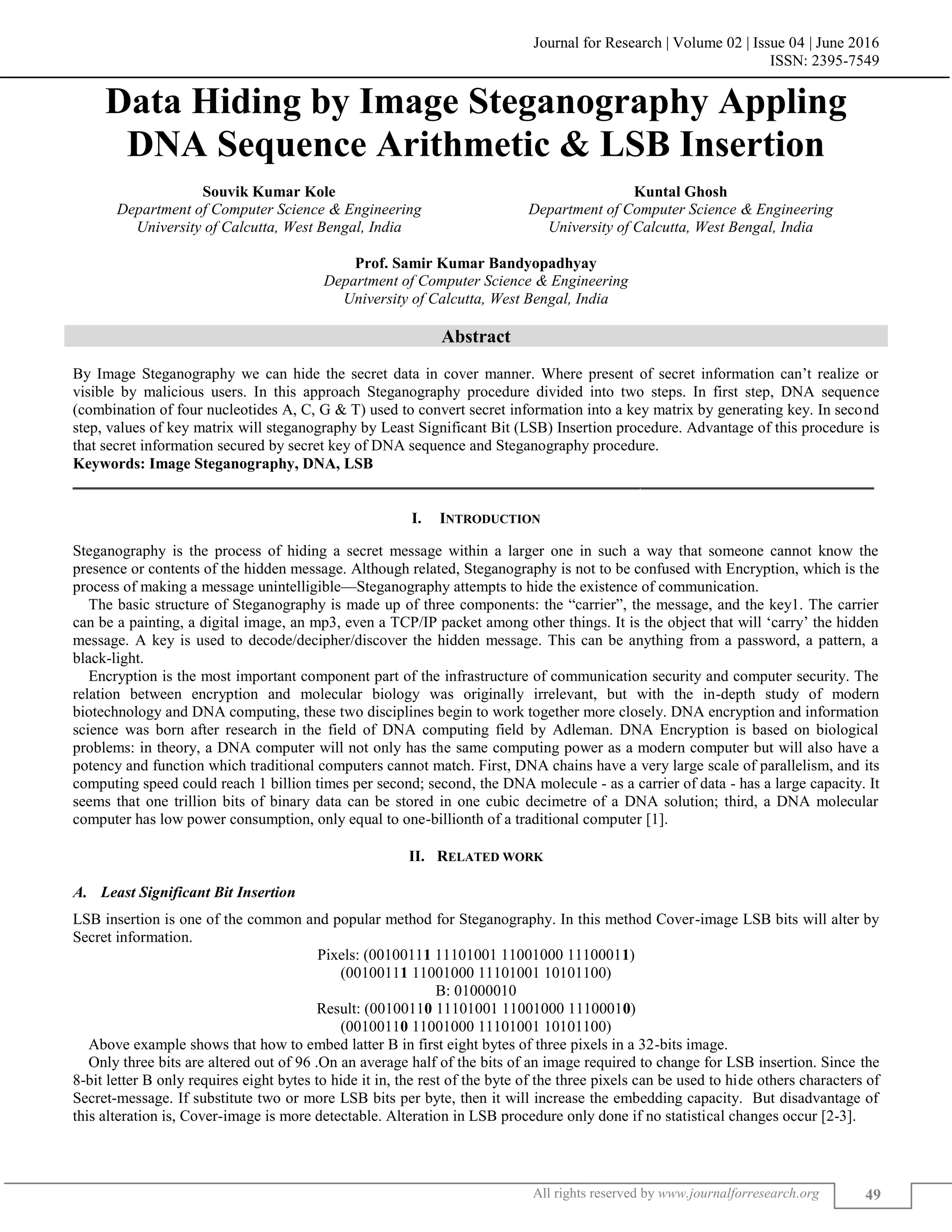 DATA HIDING BY IMAGE STEGANOGRAPHY APPLING DNA SEQUENCE ARITHMETIC & LSB INSERTION | PDF