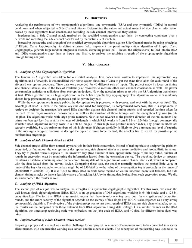 ANALYSIS OF SIDE CHANNEL ATTACKS ON VARIOUS CRYPTOGRAPHIC ALGORITHMS | PDF
