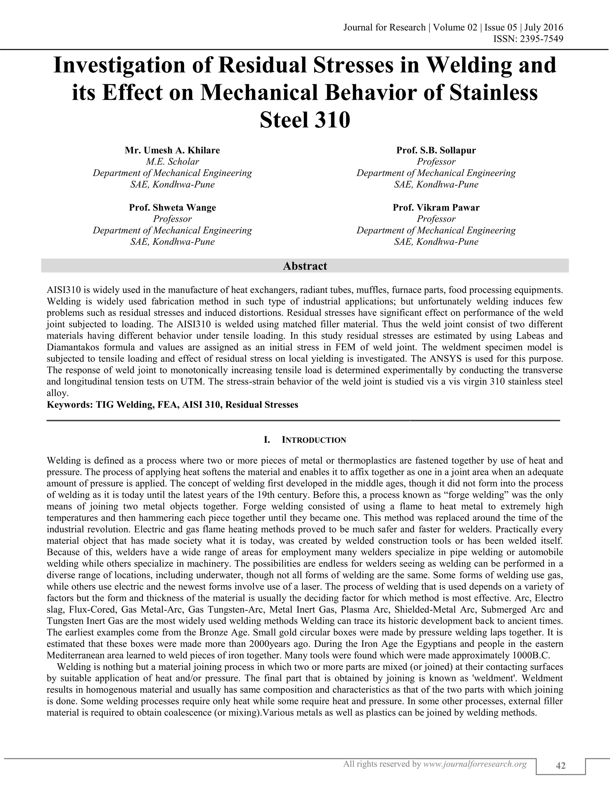 INVESTIGATION OF RESIDUAL STRESSES IN WELDING AND ITS EFFECT ON ...