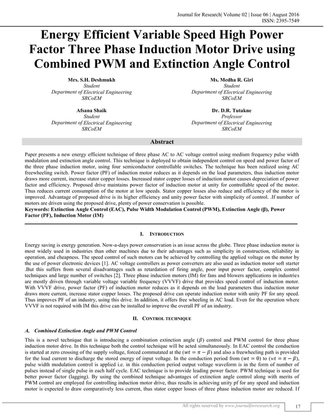 ENERGY EFFICIENT VARIABLE SPEED HIGH POWER FACTOR THREE PHASE INDUCTION MOTOR DRIVE USING ...