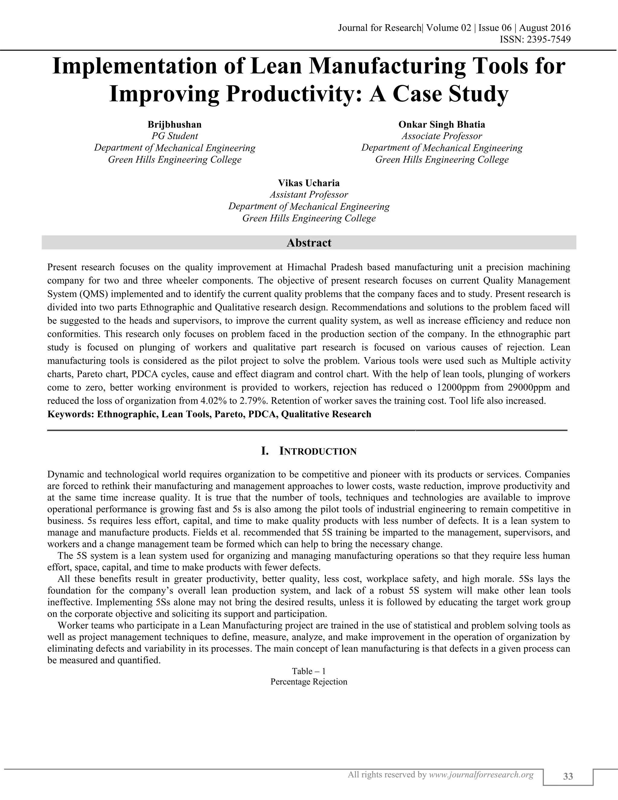 IMPLEMENTATION OF LEAN MANUFACTURING TOOLS FOR IMPROVING PRODUCTIVITY: A CASE STUDY | PDF