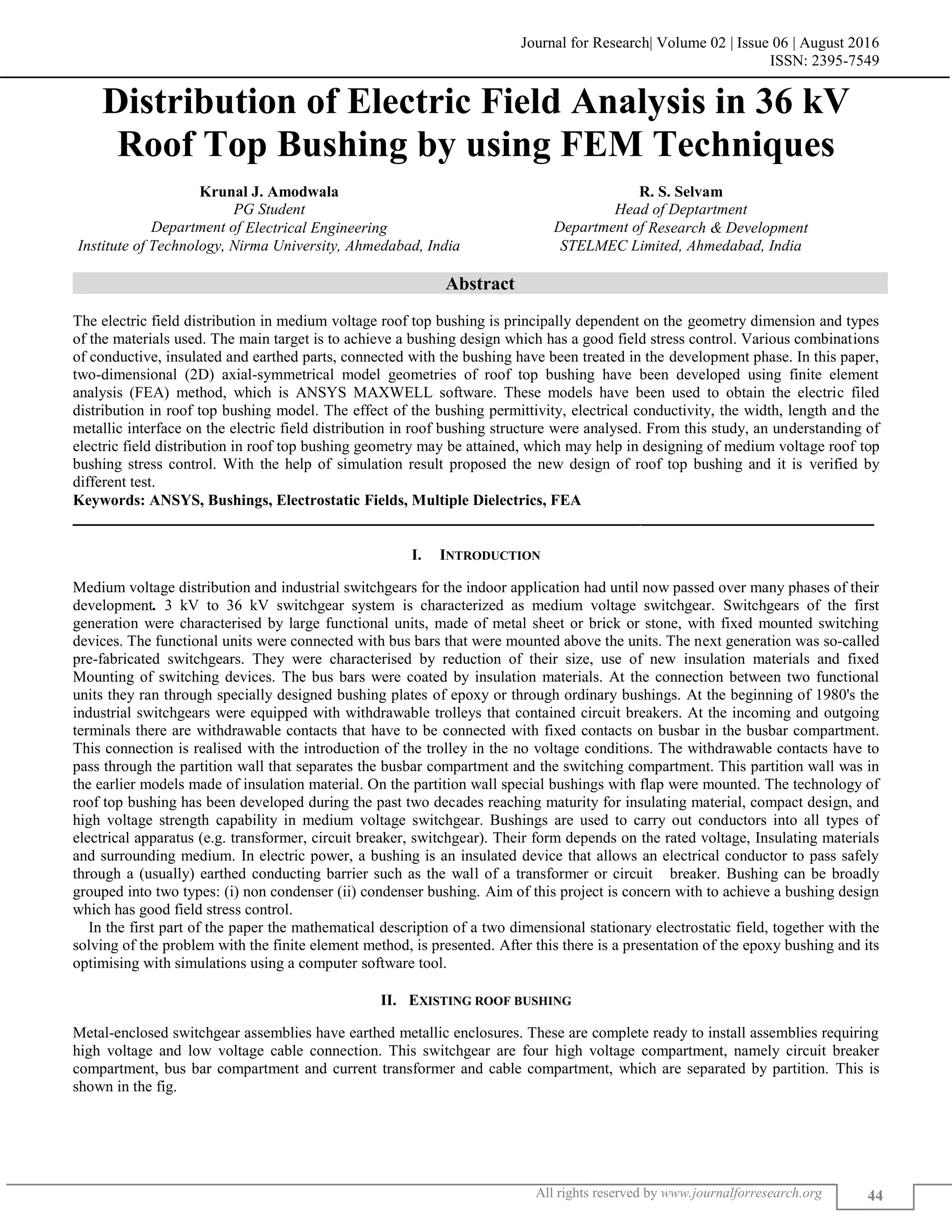 DISTRIBUTION OF ELECTRIC FIELD ANALYSIS IN 36 KV ROOF TOP BUSHING BY ...