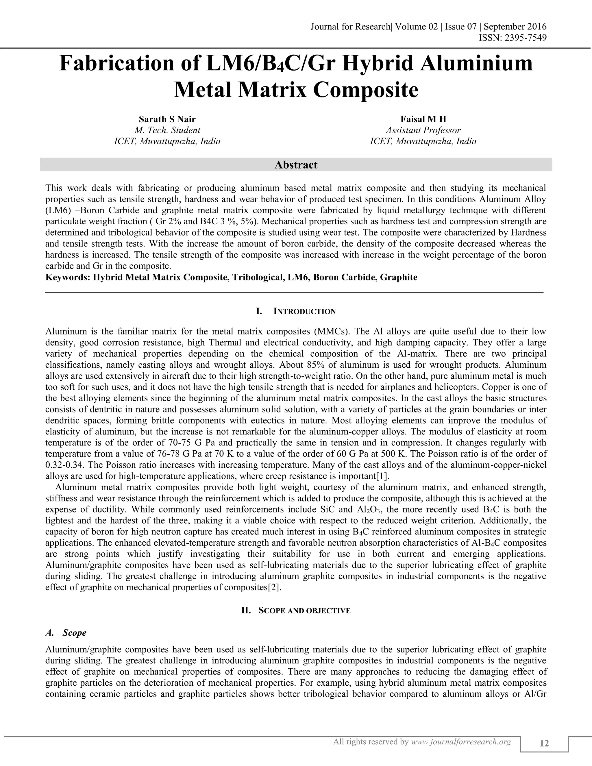 FABRICATION OF LM6/B4C/GR ALUMINIUM METAL MATRIX COMPOSITE | PDF