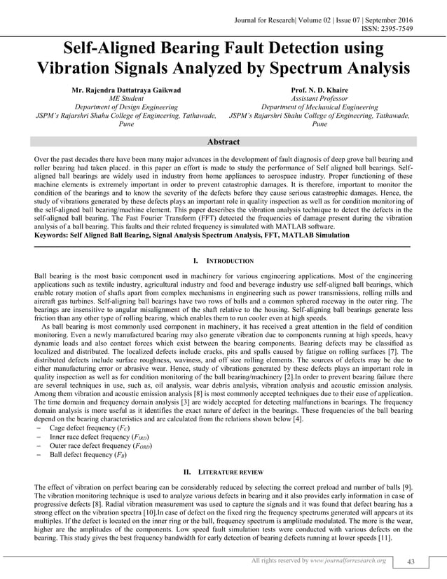 Self Aligned Bearing Fault Detection Using Vibration Signals Analyzed By Spectrum Analysis Pdf