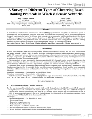 A SURVEY ON DIFFERENT TYPES OF CLUSTERING BASED ROUTING PROTOCOLS IN WIRELESS SENSOR NETWORKS | PDF