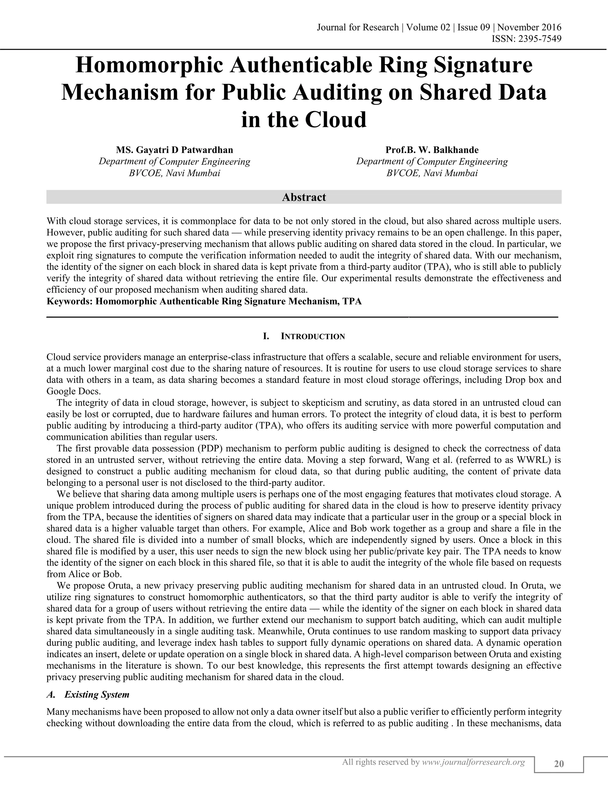 HOMOMORPHIC AUTHENTICABLE RING SIGNATURE MECHANISM FOR PUBLIC AUDITING ON SHARED DATA IN THE ...