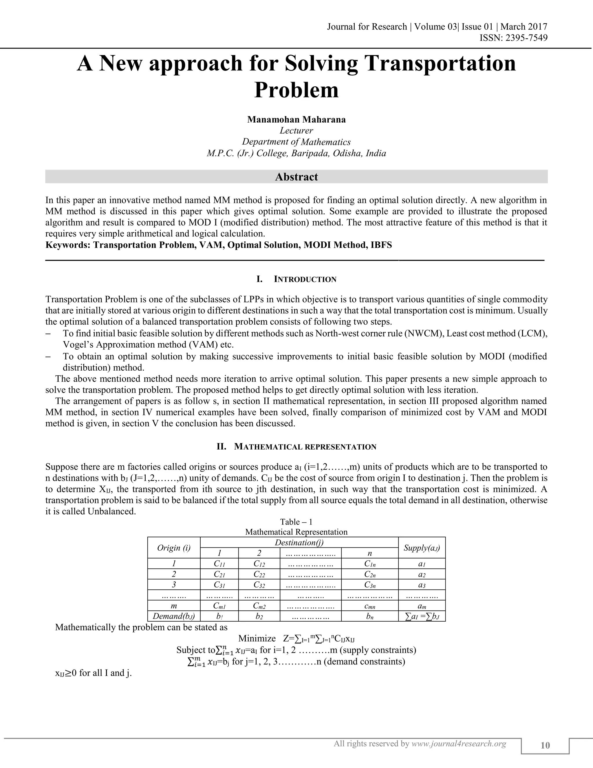 A NEW APPROACH FOR SOLVING TRANSPORTATION PROBLEM | PDF