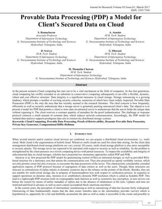 PROVABLE DATA PROCESSING (PDP) A MODEL FOR CLIENT'S SECURED DATA ON CLOUD | PDF