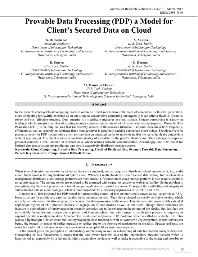 PROVABLE DATA PROCESSING (PDP) A MODEL FOR CLIENT'S SECURED DATA ON CLOUD | PDF