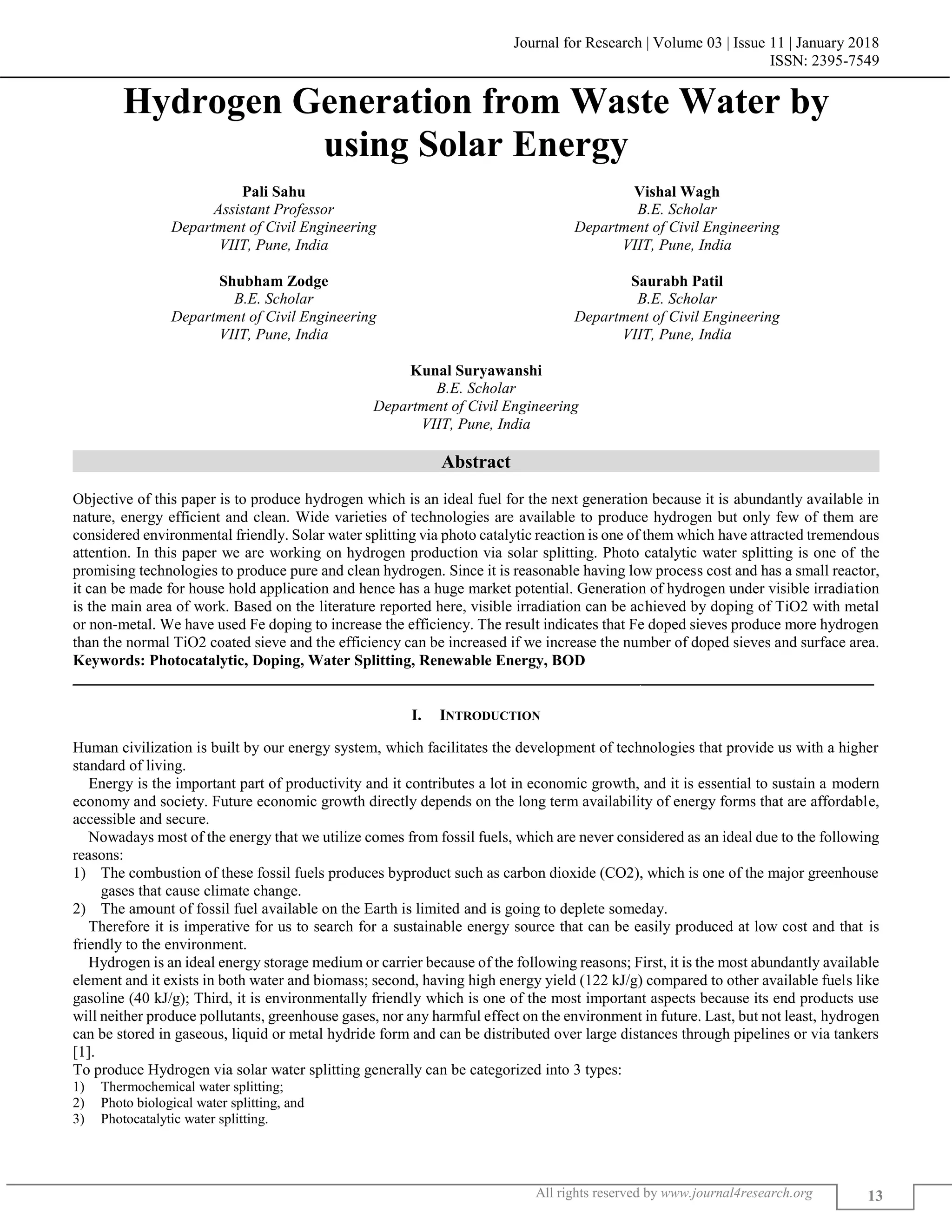 HYDROGEN GENERATION FROM WASTE WATER BY USING SOLAR ENERGY ...