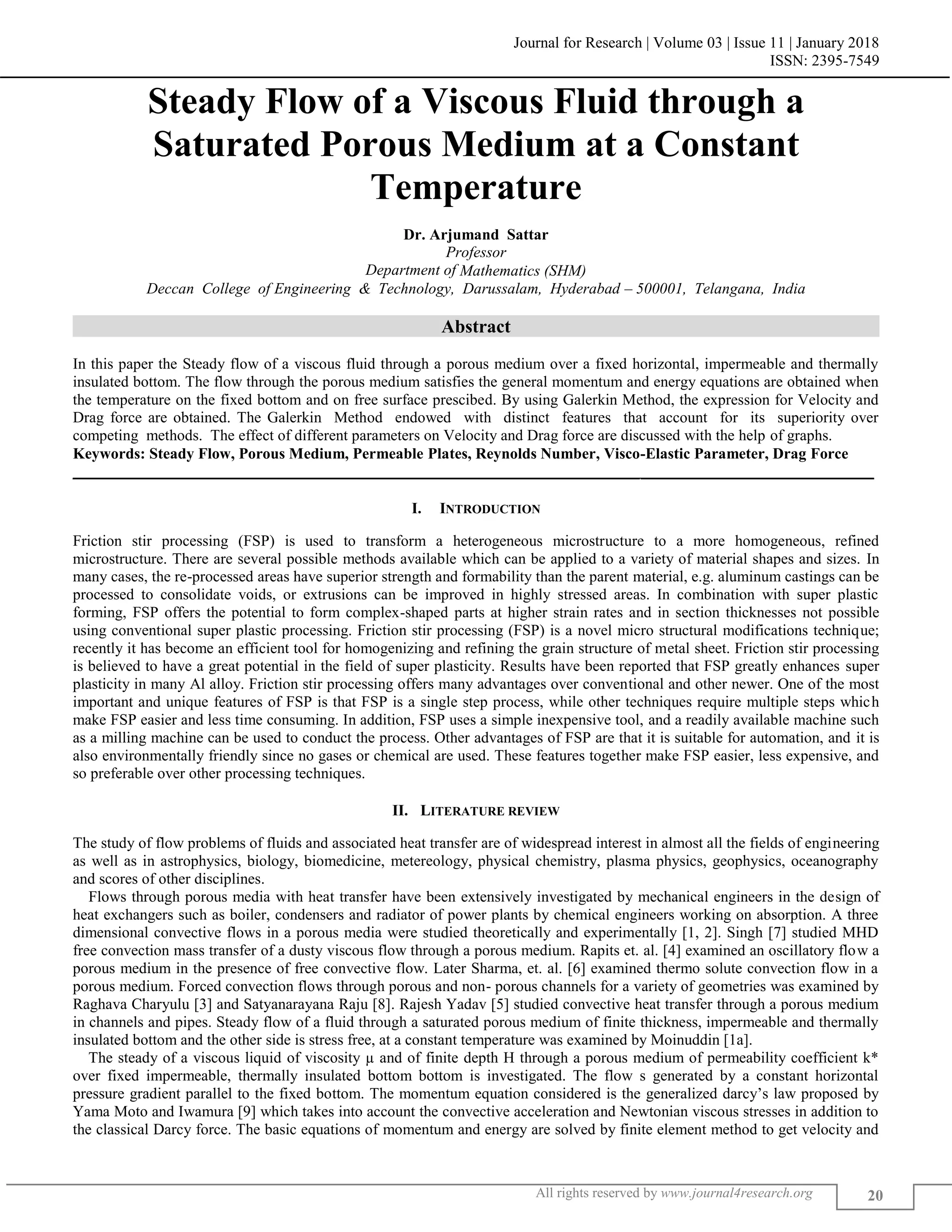 STEADY FLOW OF A VISCOUS FLUID THROUGH A SATURATED POROUS MEDIUM AT A ...