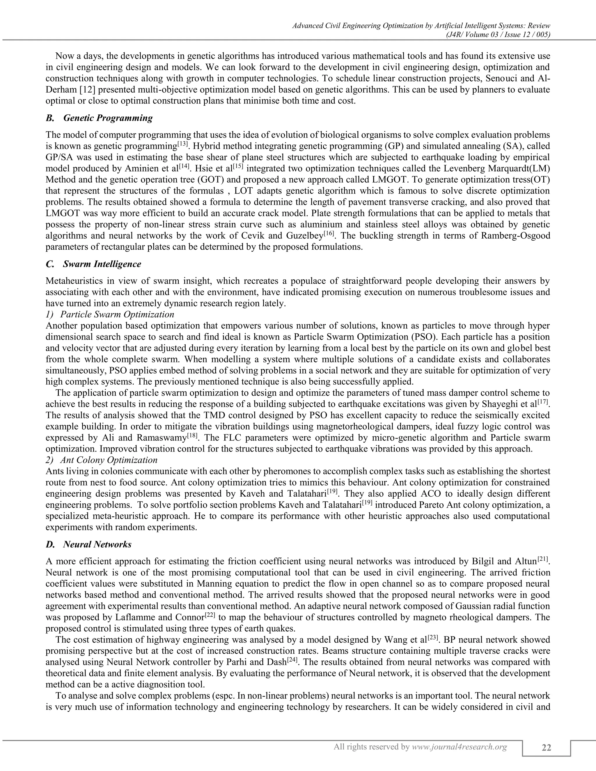 ADVANCED CIVIL ENGINEERING OPTIMIZATION BY ARTIFICIAL INTELLIGENT SYSTEMS: REVIEW | J4RV3I12004 ...