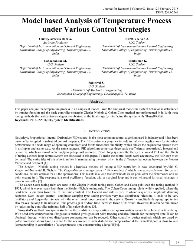 MODEL BASED ANALYSIS OF TEMPERATURE PROCESS UNDER VARIOUS CONTROL STRATEGIES | J4RV3I12010 | PDF ...