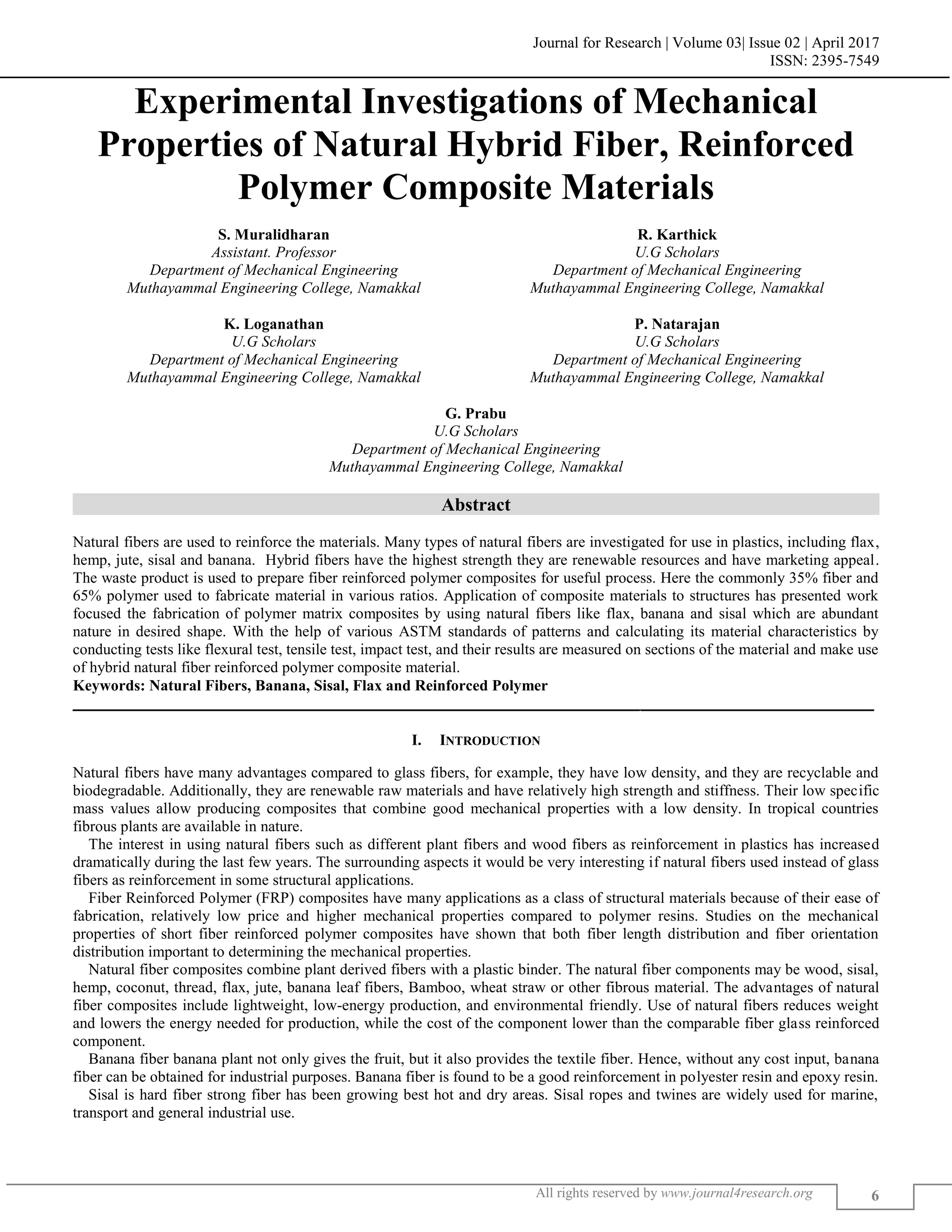 EXPERIMENTAL INVESTIGATIONS OF MECHANICAL PROPERTIES OF NATURAL HYBRID FIBER, REINFORCED POLYMER ...