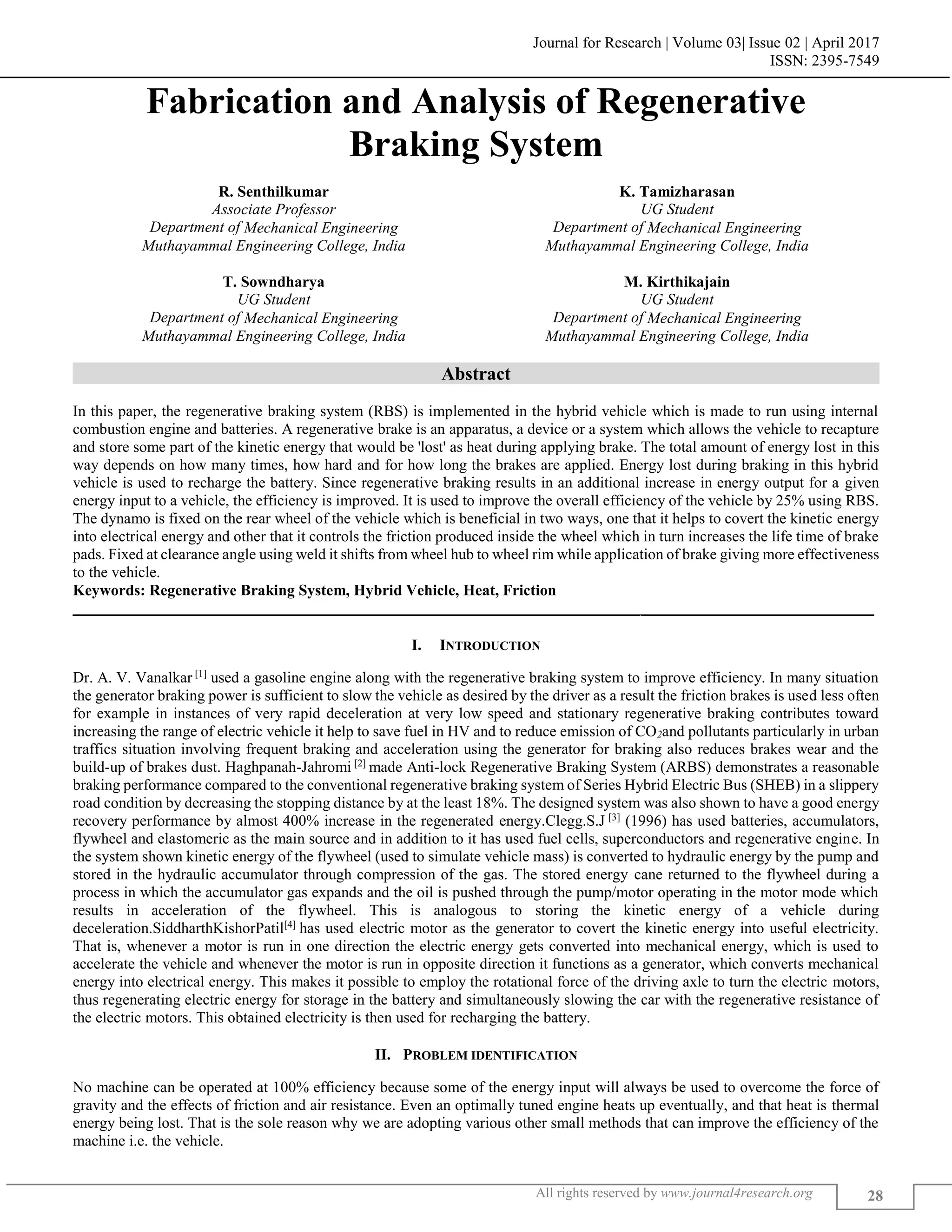 FABRICATION AND ANALYSIS OF REGENERATIVE BRAKING SYSTEM | PDF