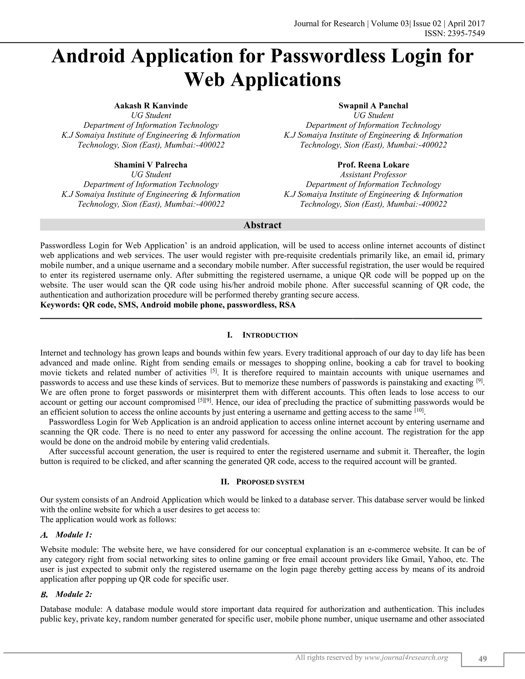 ANDROID APPLICATION FOR PASSWORDLESS LOGIN FOR WEB APPLICATIONS | PDF
