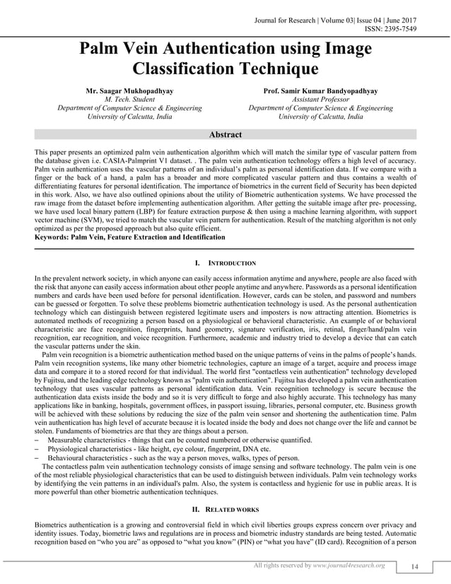 PALM VEIN AUTHENTICATION USING IMAGE CLASSIFICATION TECHNIQUE | PDF | Computing | Technology ...
