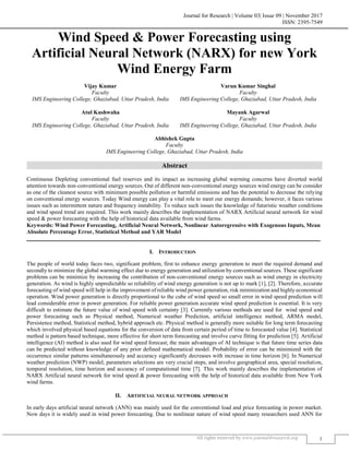 WIND SPEED & POWER FORECASTING USING ARTIFICIAL NEURAL NETWORK (NARX) FOR NEW YORK WIND ENERGY ...
