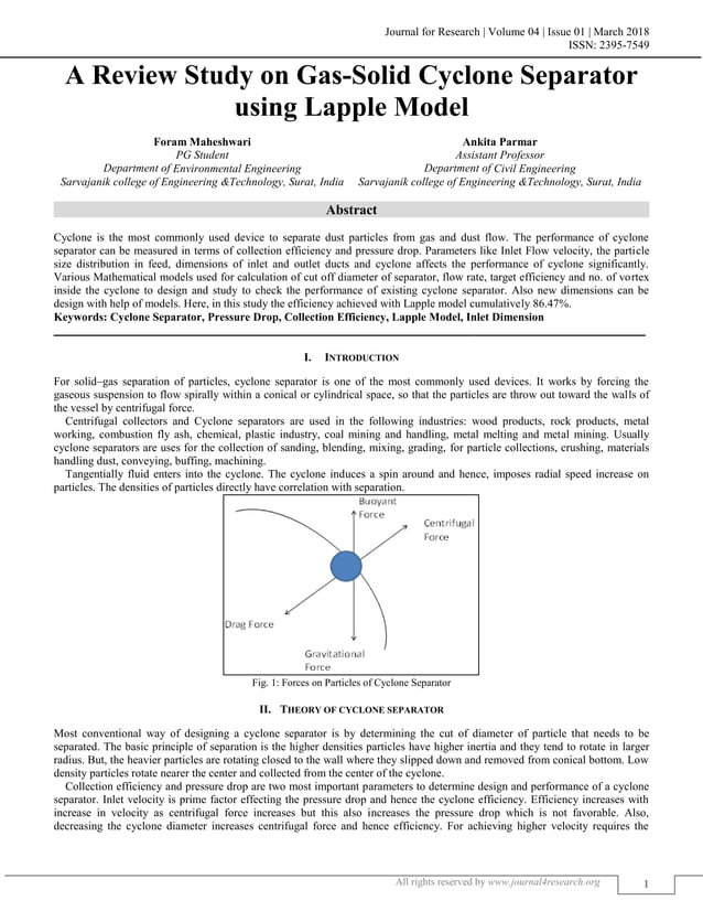 A REVIEW STUDY ON GAS-SOLID CYCLONE SEPARATOR USING LAPPLE MODEL | J4RV4I1001 | PDF