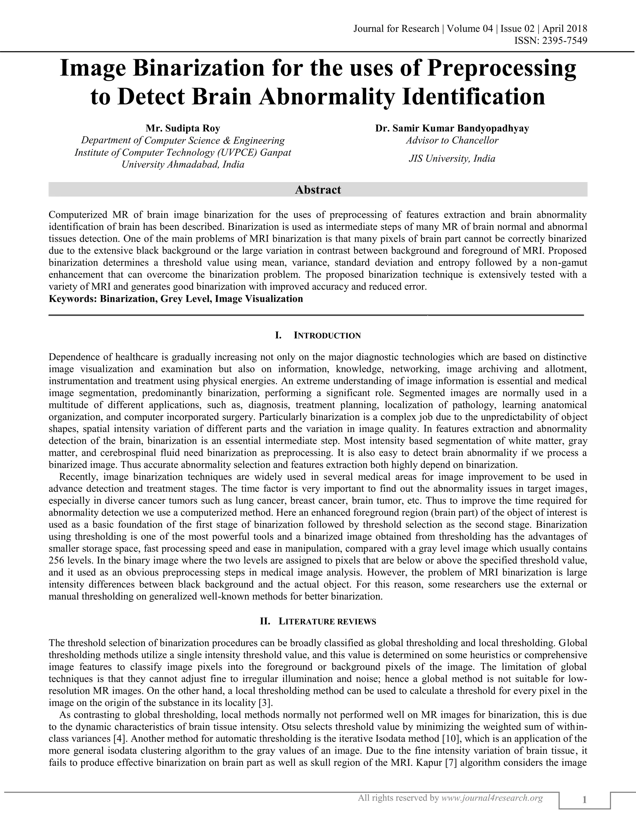 Image Binarization For The Uses Of Preprocessing To Detect Brain