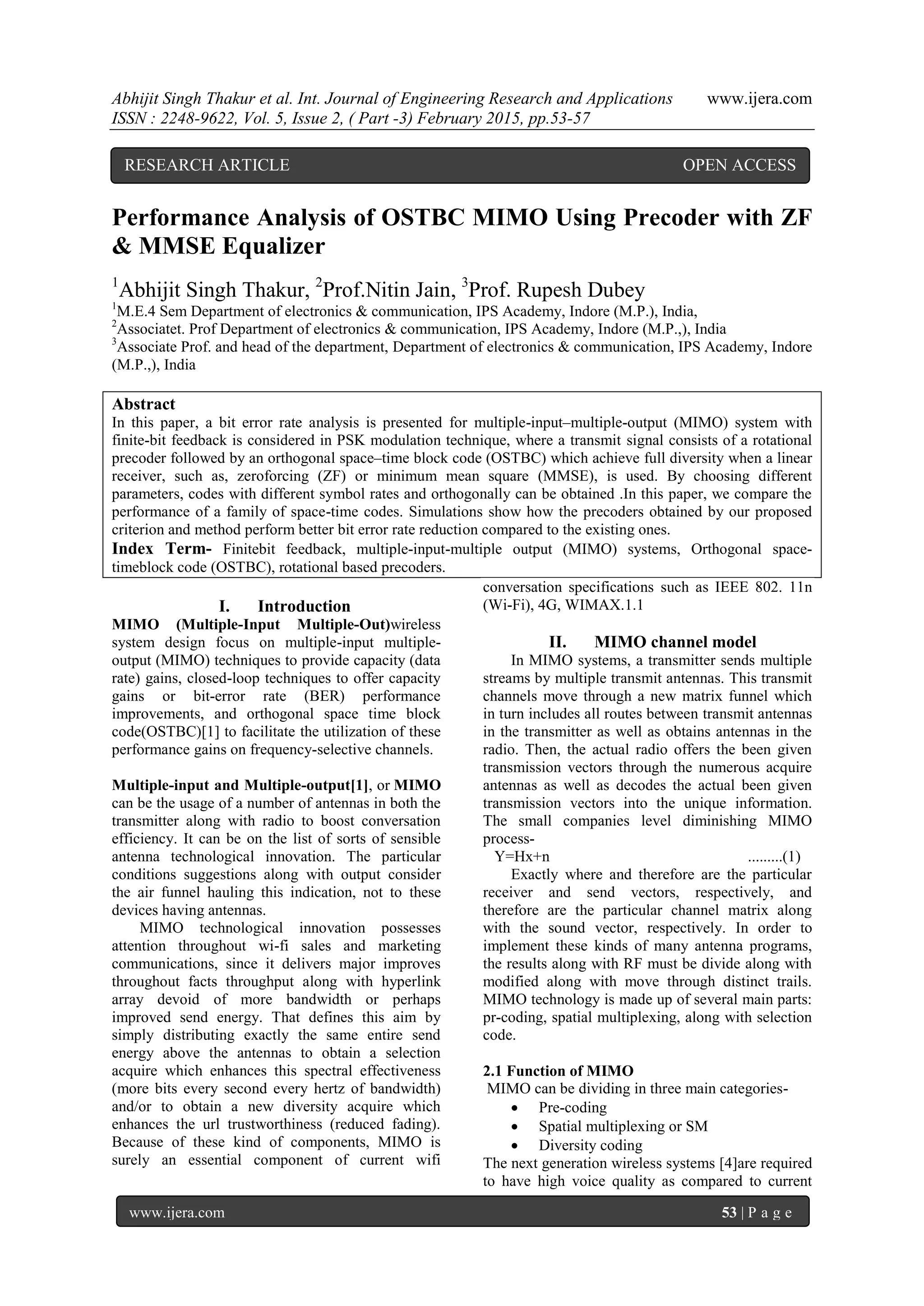 Performance Analysis of OSTBC MIMO Using Precoder with ZF & MMSE Equalizer | PDF