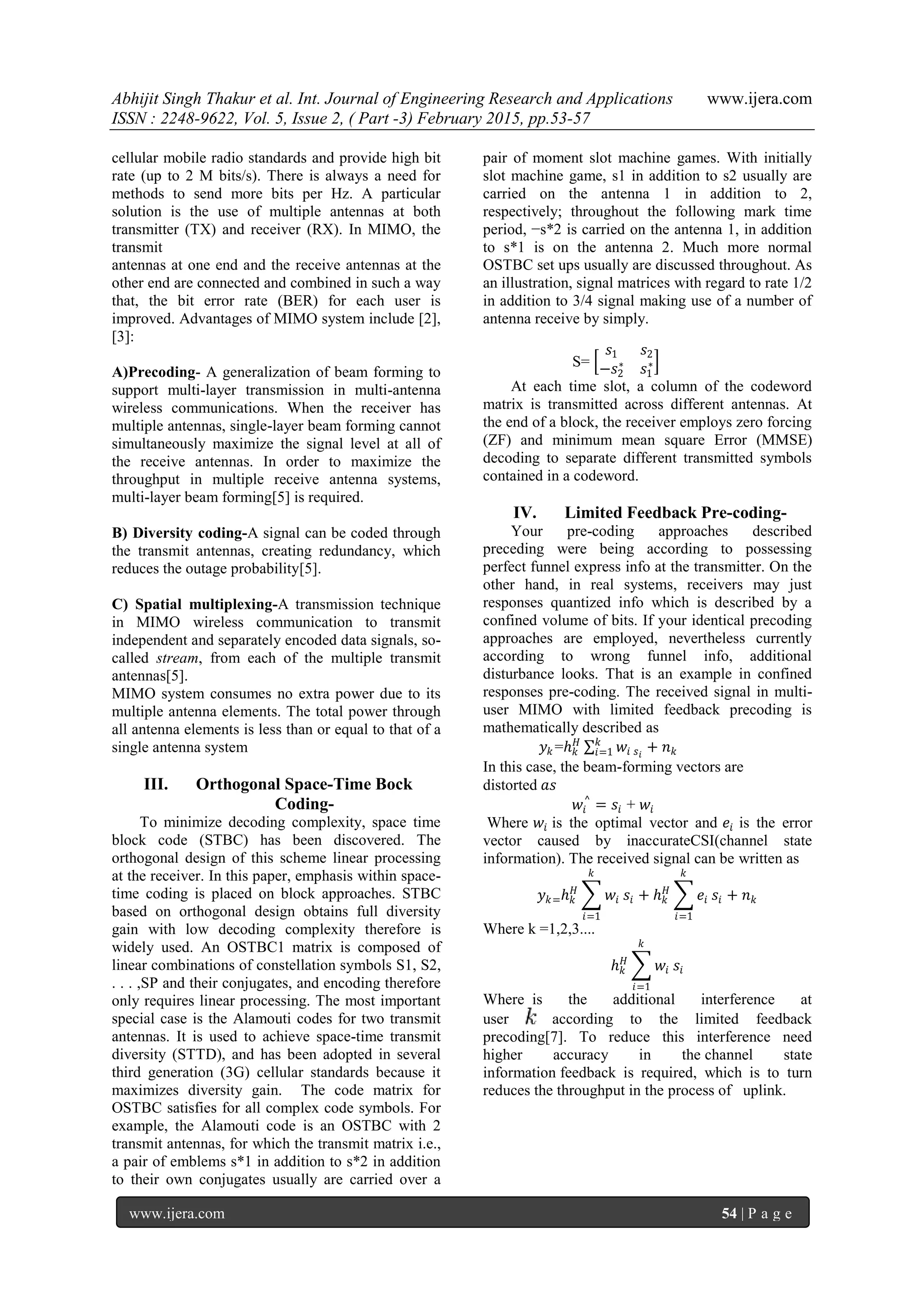 Performance Analysis of OSTBC MIMO Using Precoder with ZF & MMSE Equalizer | PDF